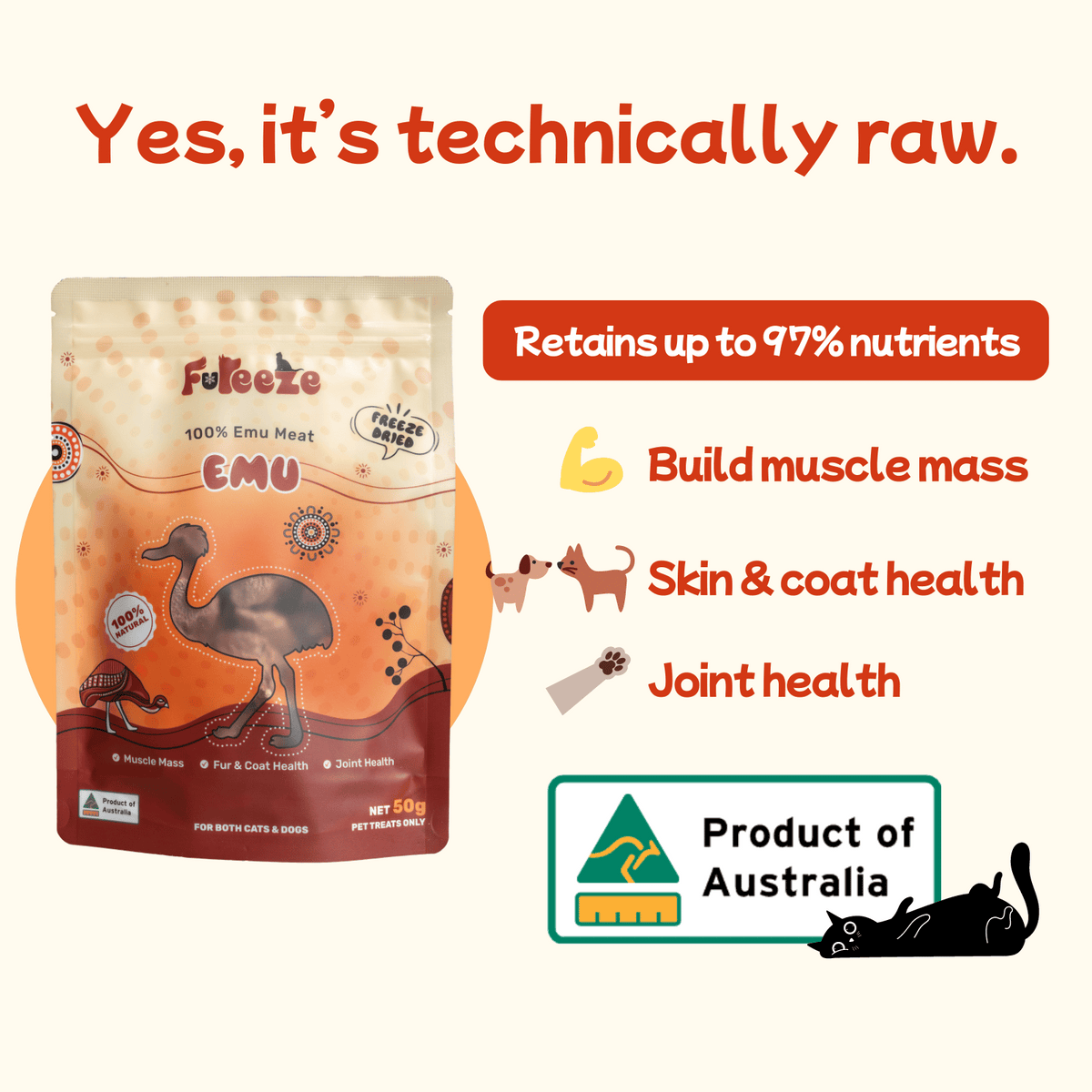 Fureeze Australia Freeze Dried Emu | Cats & Dogs Treat 50g – beige + bright